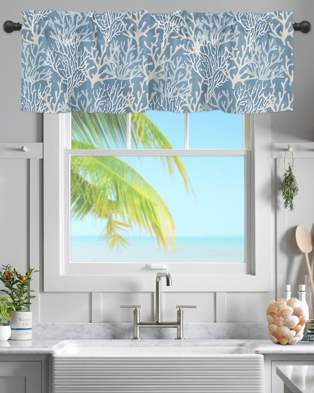 Coral Blue Valances for Kitchen Windows,Summer Ocean Theme Curtain ...