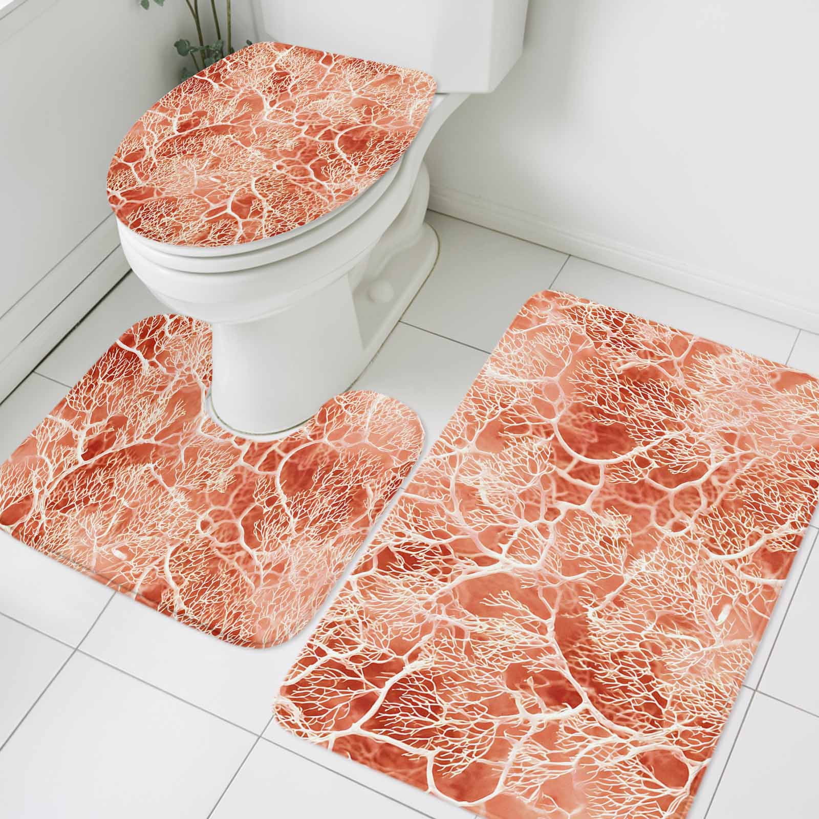 Coral Branches Bathroom Rugs Set Boho Abstract Rustic Veins Coral Red ...