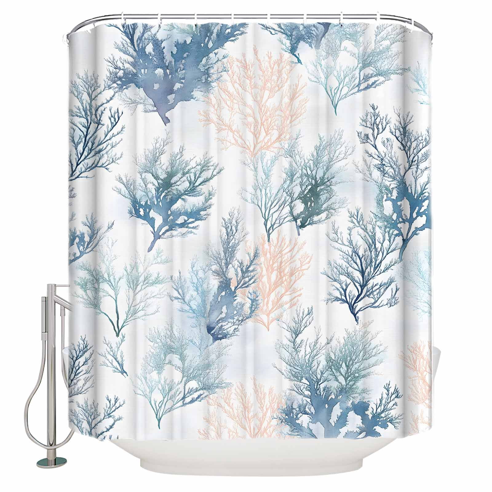 Coral Coastal Bathroom Shower Curtains with 12 Hooks Polyester ...