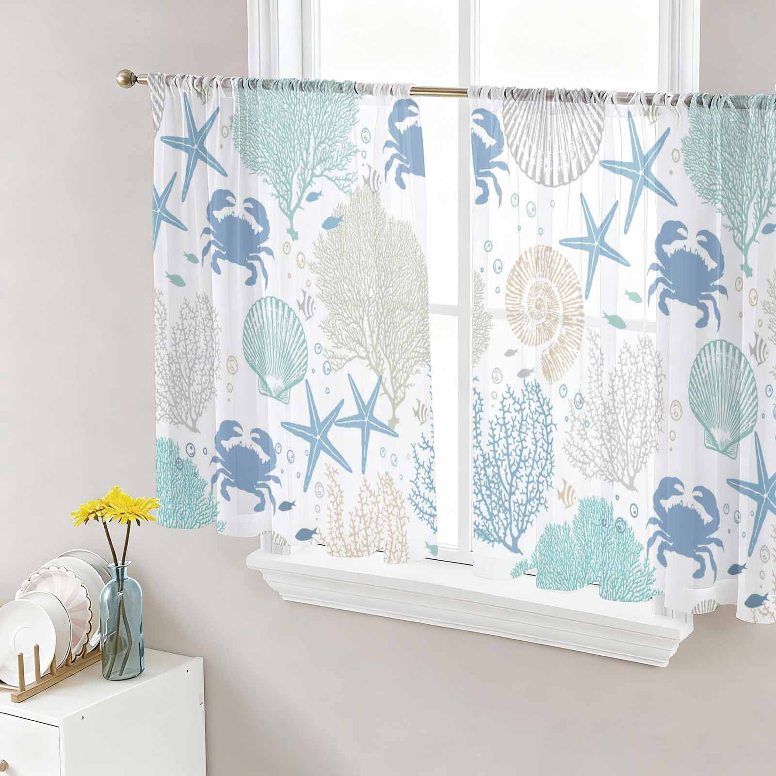Coral Crab Coastal Semi Sheer Curtains 45 Inch Length 2 Panels Set ...