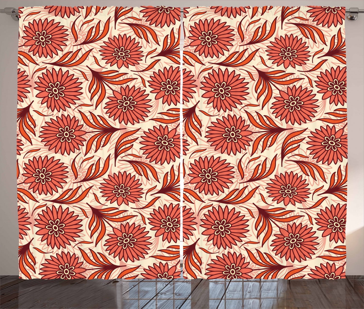 Ambesonne Coral Curtains 2 Panel Set, Nostalgic Gerbera Motifs, 108" x ...