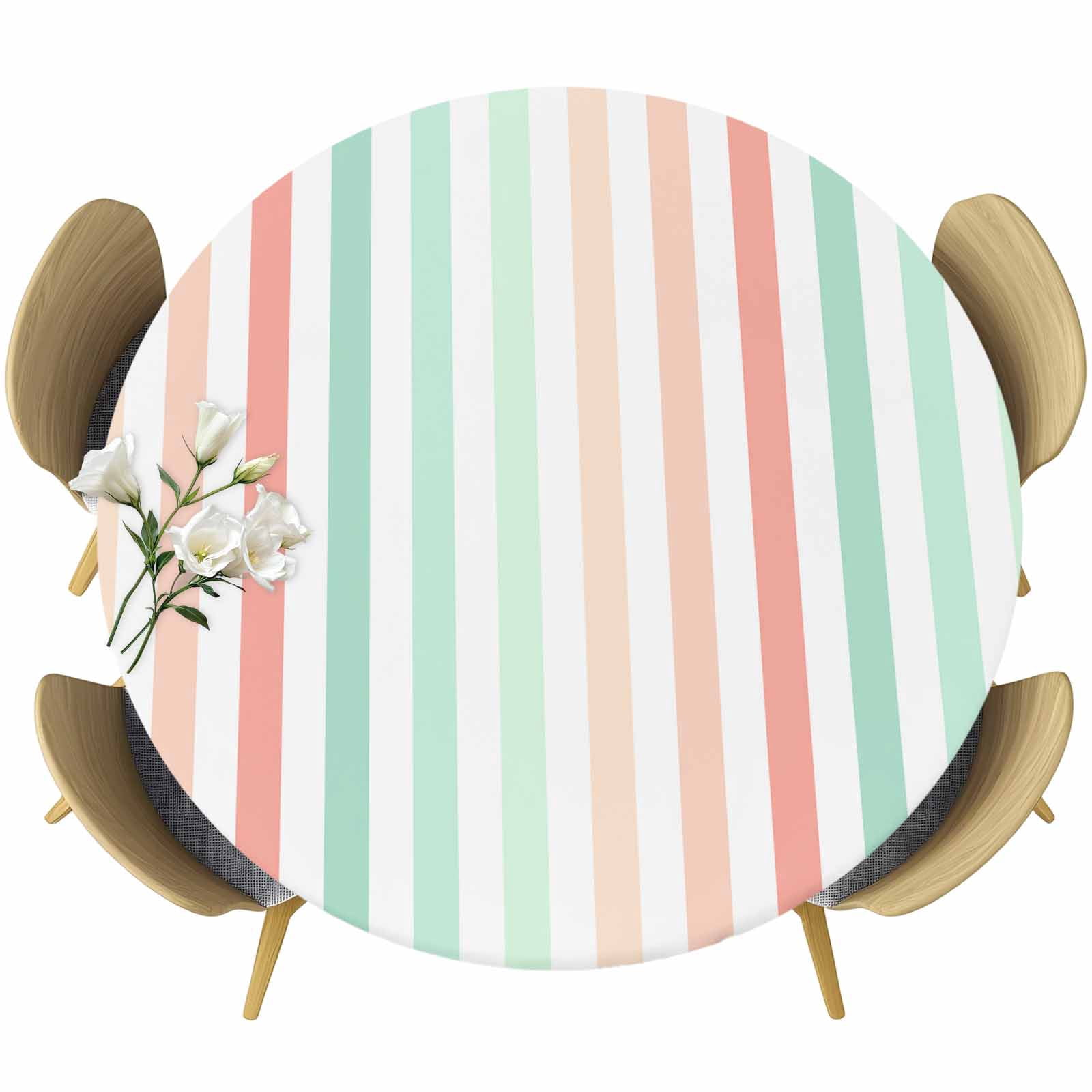 Coral Cyan Stripe Round Tablecloth, Fitted Table Cover with Elastic for ...