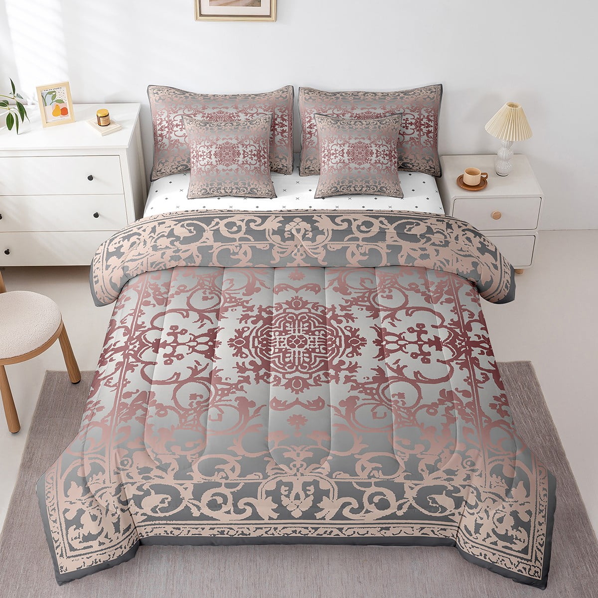 Coral Damask 7 Piece Comforter Set Full Bed in a Bag Gothic Bedding ...