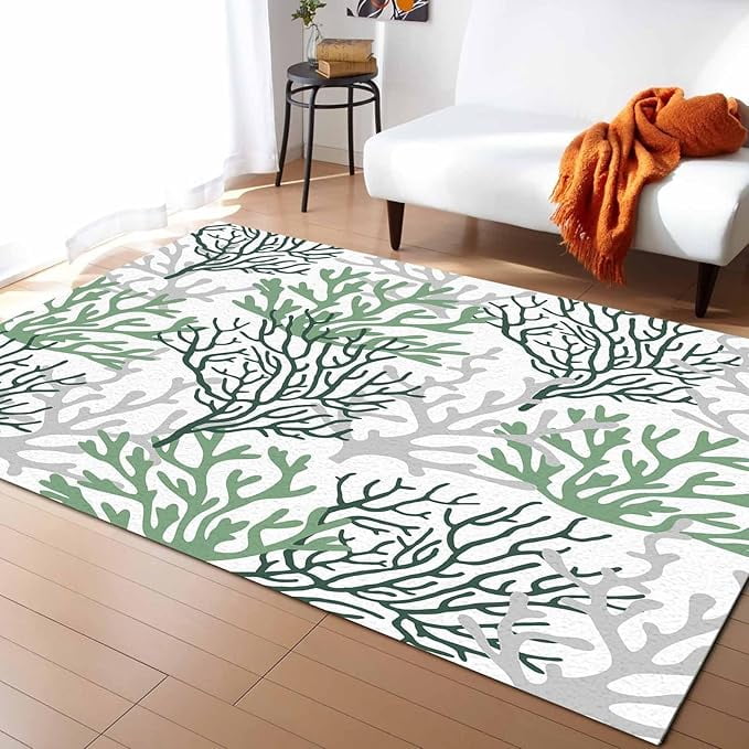Coral Dark Green Living Room Rug Washable Rug For Living Room Soft ...