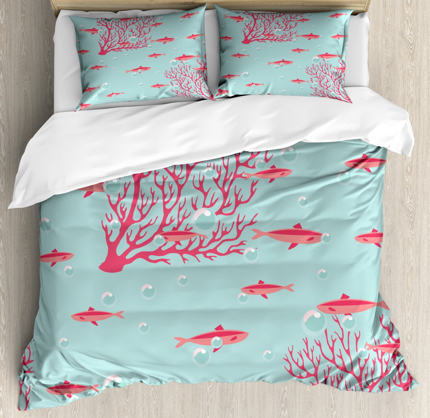 Coral Duvet Cover Set King Size, Aquatic Pattern with Little Cute ...