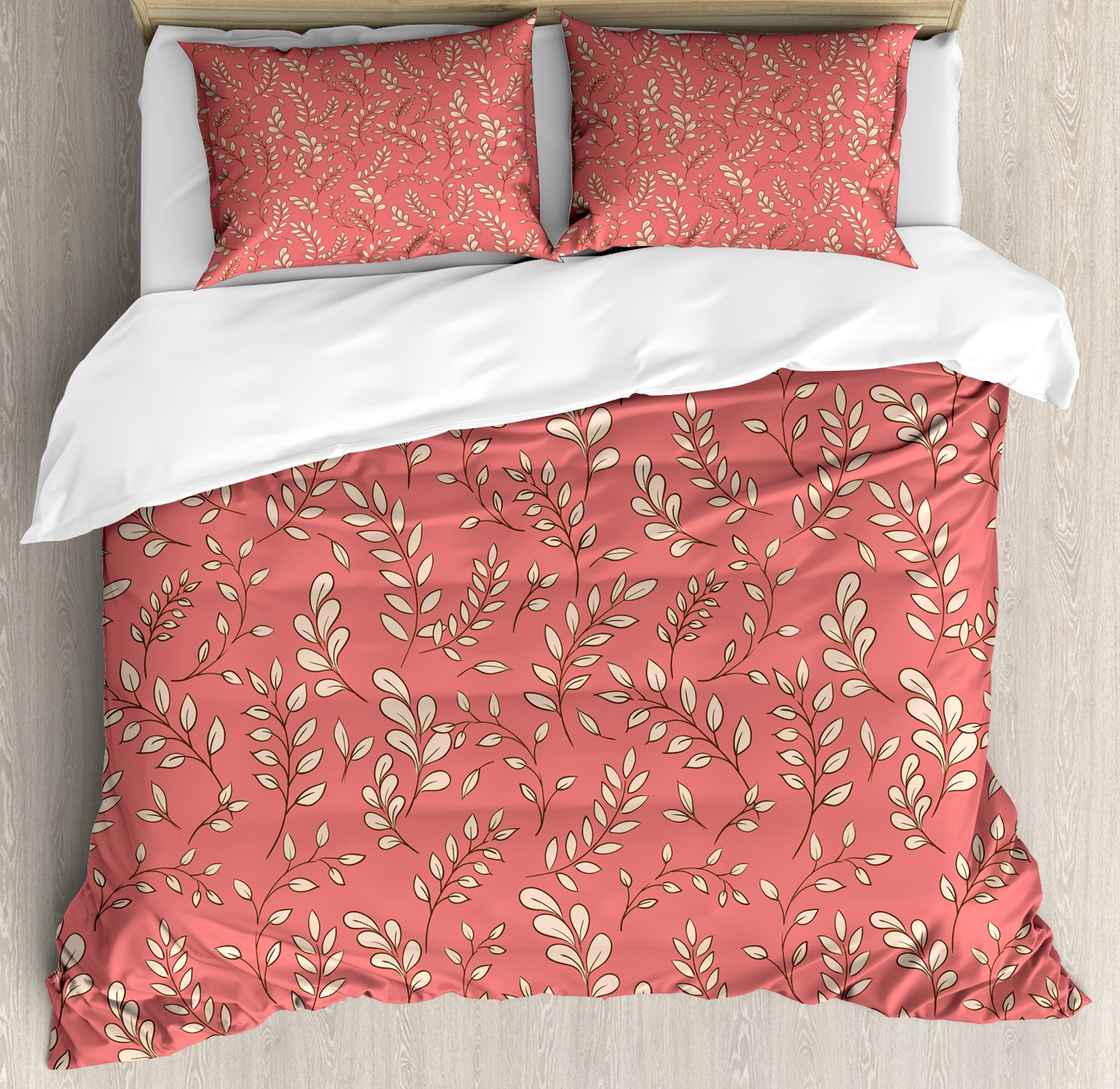 Coral Duvet Cover Set, Leaves on Branches Botanical Theme Foliage Forest Curvy Twigs Seasonal ...