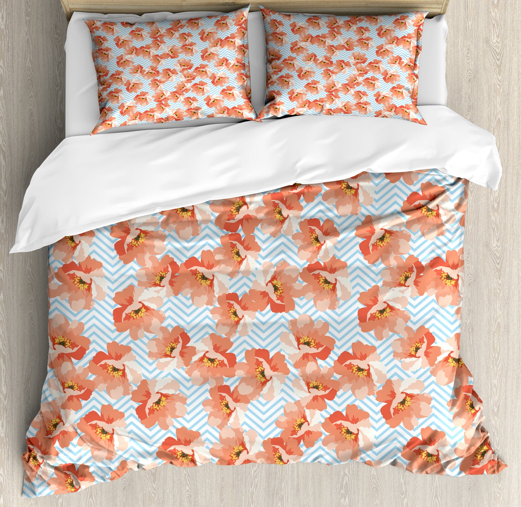 Coral Duvet Cover Set, Soft Pastel Poppy Flowers on Chevron Zigzag ...