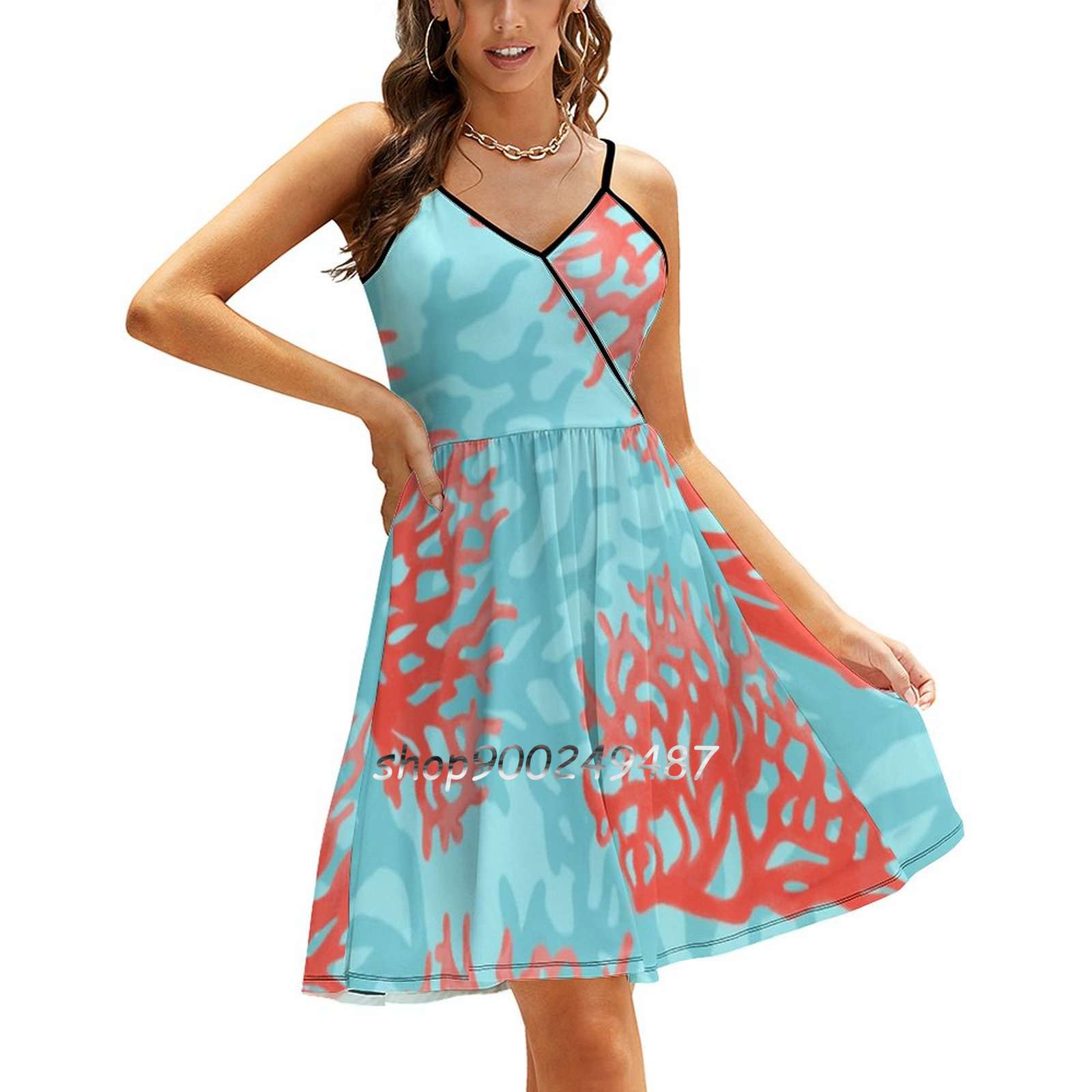 Coral Flare Dress Square Neck Dress Elegant Female Fashion Printed ...