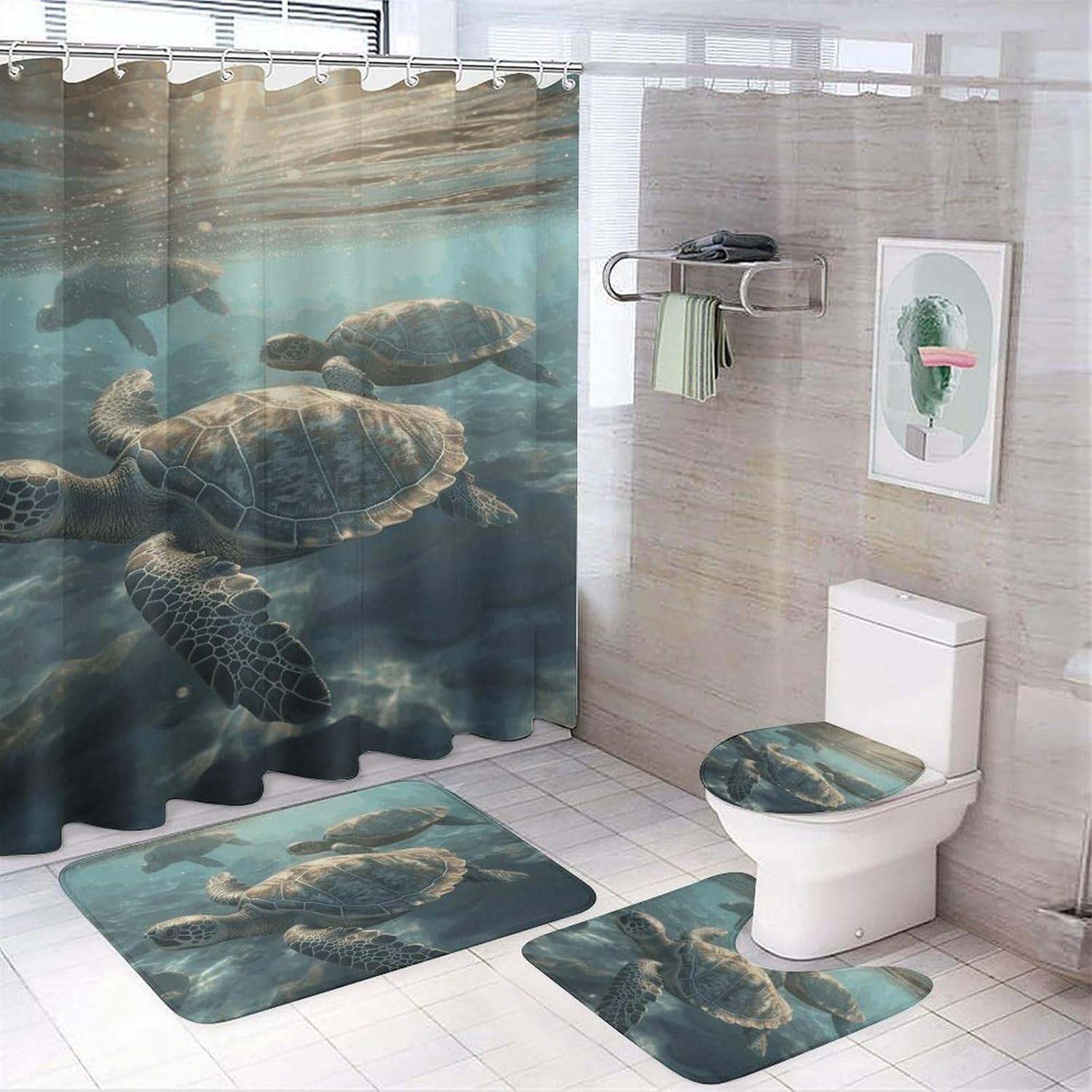 Coral Fleece Shower Curtain Set 4pcs, Sunny Sea Turtle Bathroom Sets ...