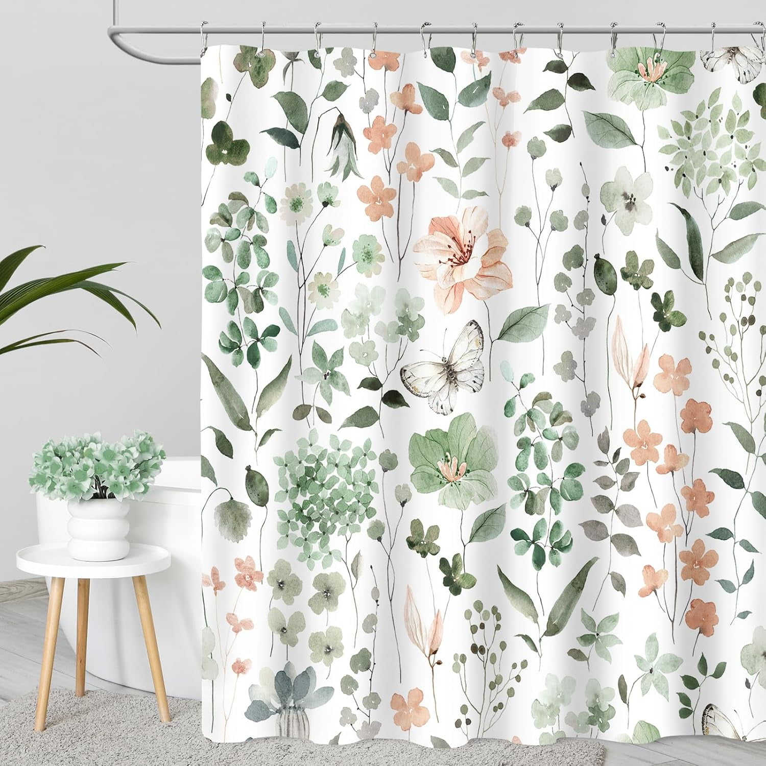 Coral Floral Shower Curtain, Watercolor Flower Fabric Shower Curtain ...