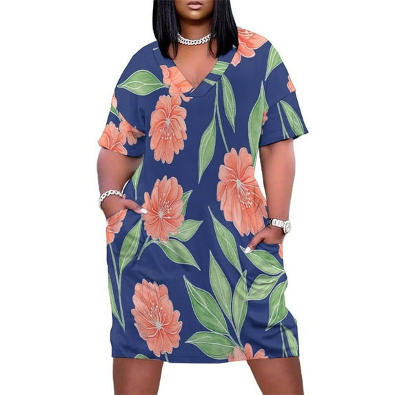 Coral Flowers Navy Blue Background Pattern Loose Pocket Dress Dresses ...