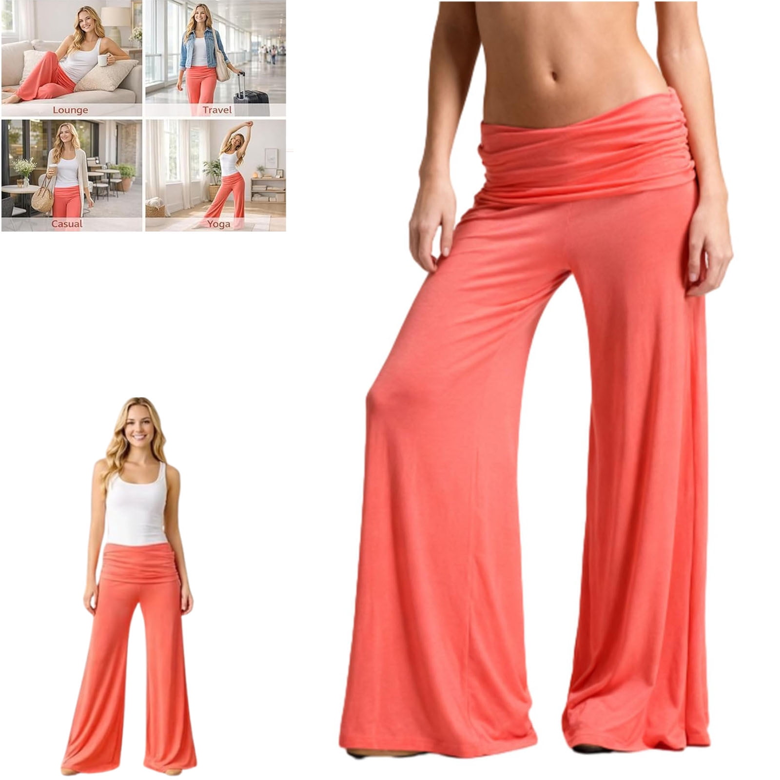 Coral Foldover Pants, Wide Leg High Fold Over Waist Palazzo Pant, Soft ...