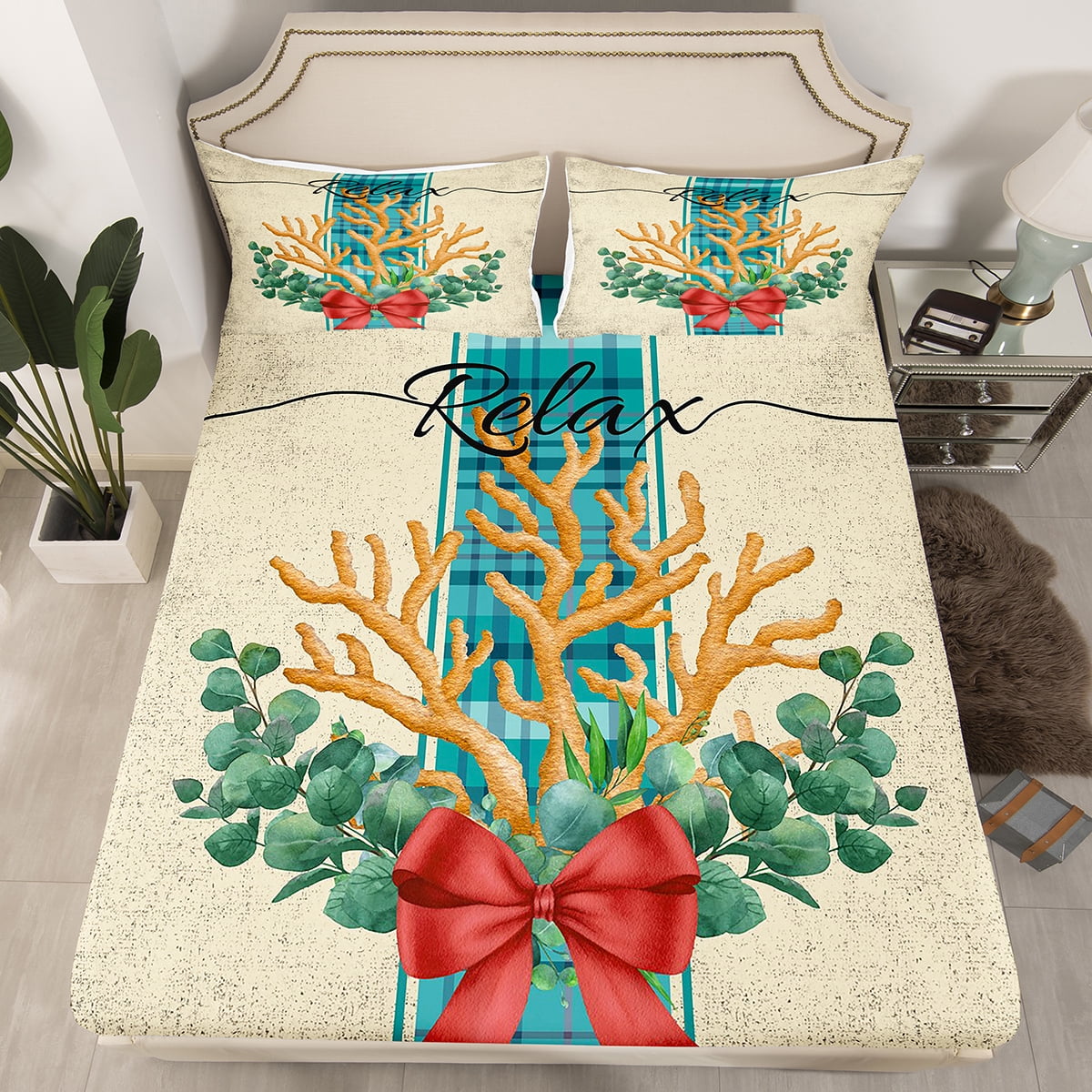 Coral Full Bed Sheets for Boys,Ocean Bedding Set Tropical Hawaii Beach ...