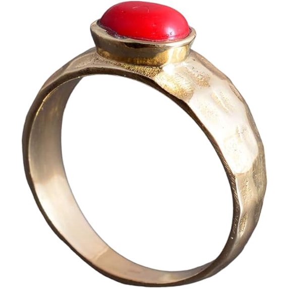 Coral Gemstone Ring, Natural Coral Ring,Hammered Band Ring, Womens Ring ...