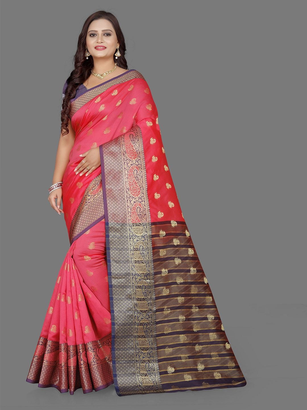 Coral & Gold-Toned Woven Design Zari Art Silk Half and Half Banarasi ...
