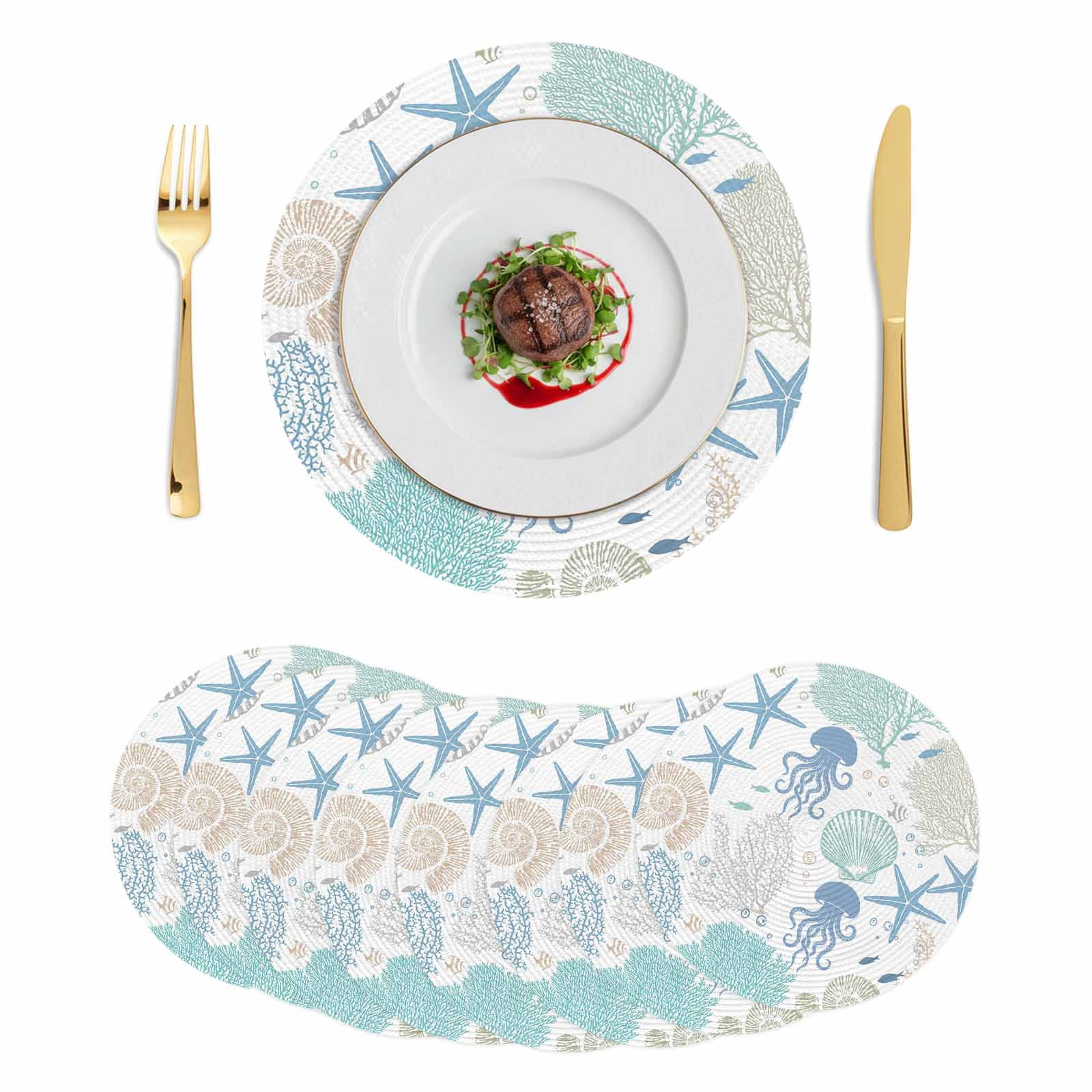 Coral Jellyfish Coastal Round Placemats Set of 8 Blue Summer Nautical ...