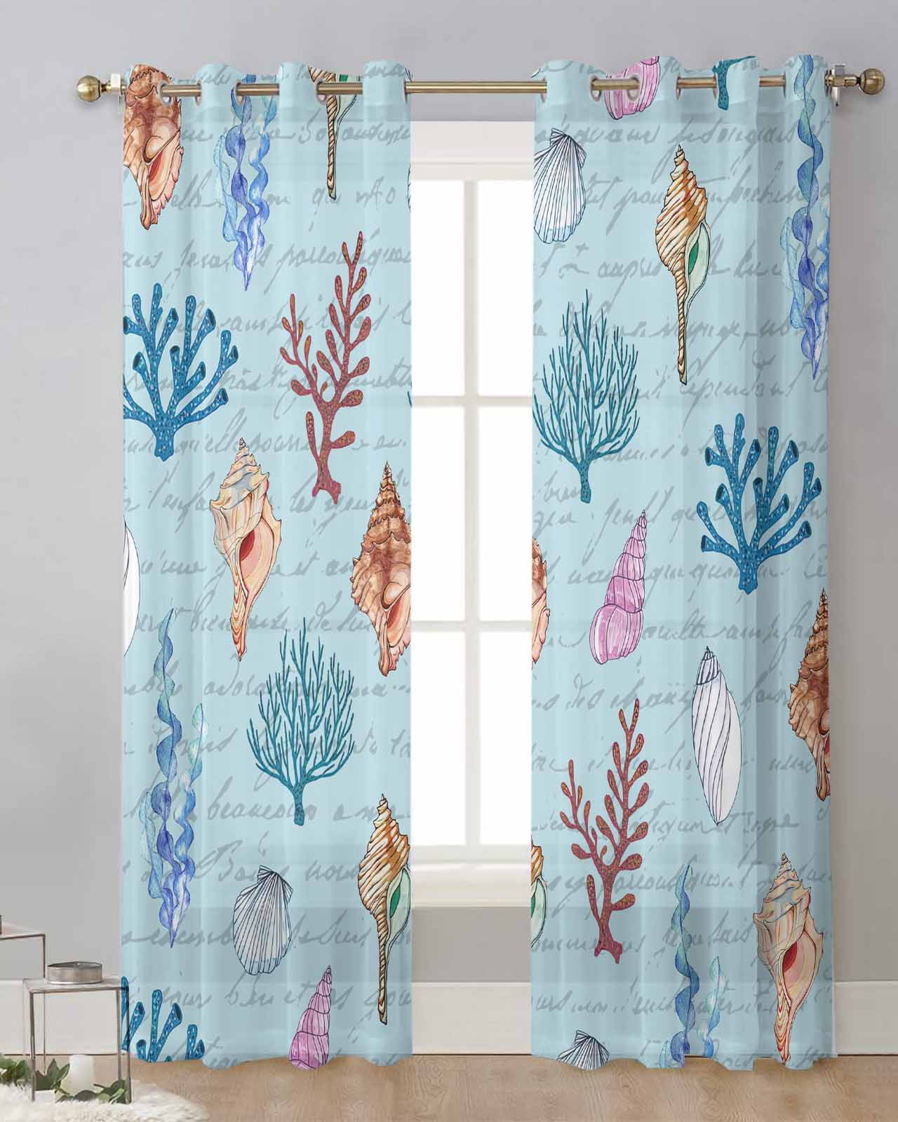 Coral Kelp Shell Conch Modern Tulle Curtains Voile Drapes Sheer Window ...