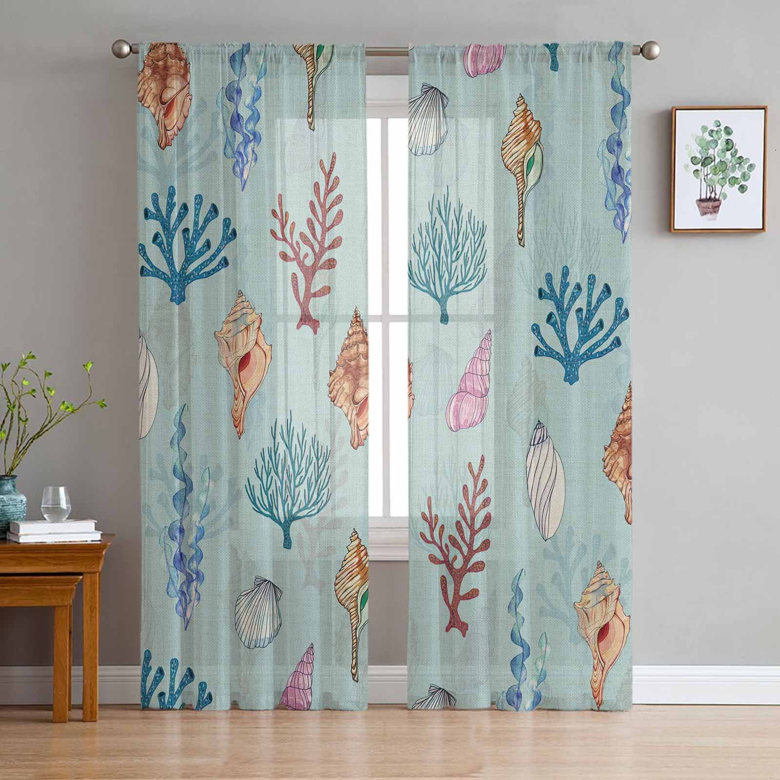 Coral Kelp Shell Conch Tulle Window Curtains for Bedroom Luxury Home r ...