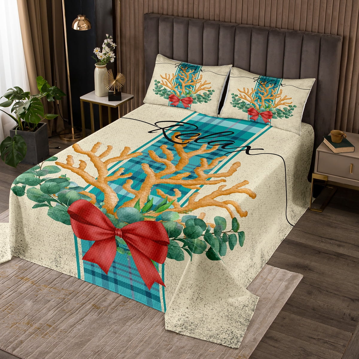 Coral King Bedspread Set,Ocean Coverlet Set Tropical Hawaii Beach Quilt ...