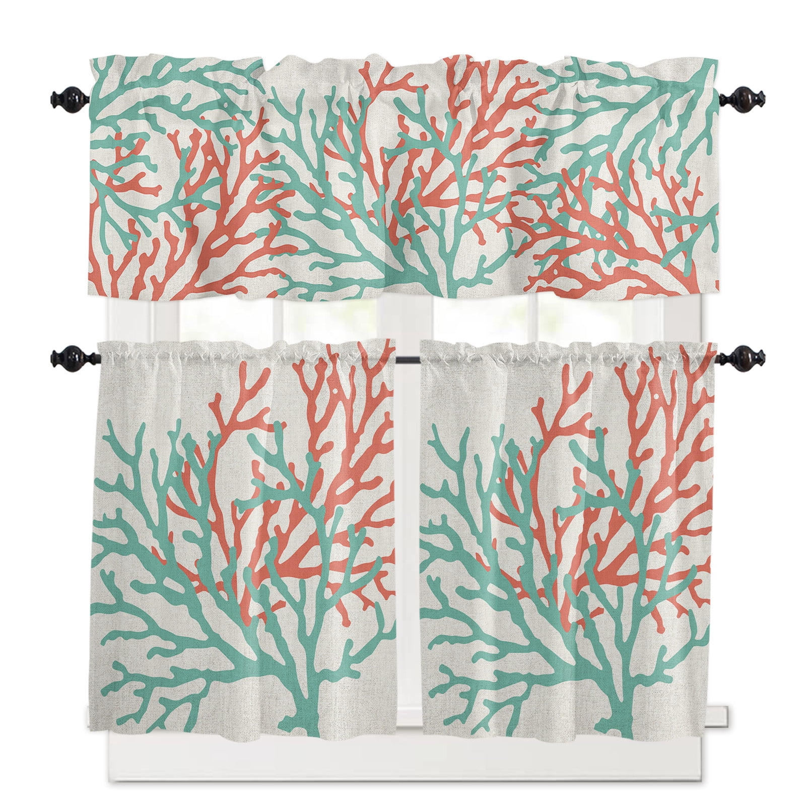 Coral Kitchen Curtains Set for Windows 3 Pieces,36 Inch Length Tier and ...