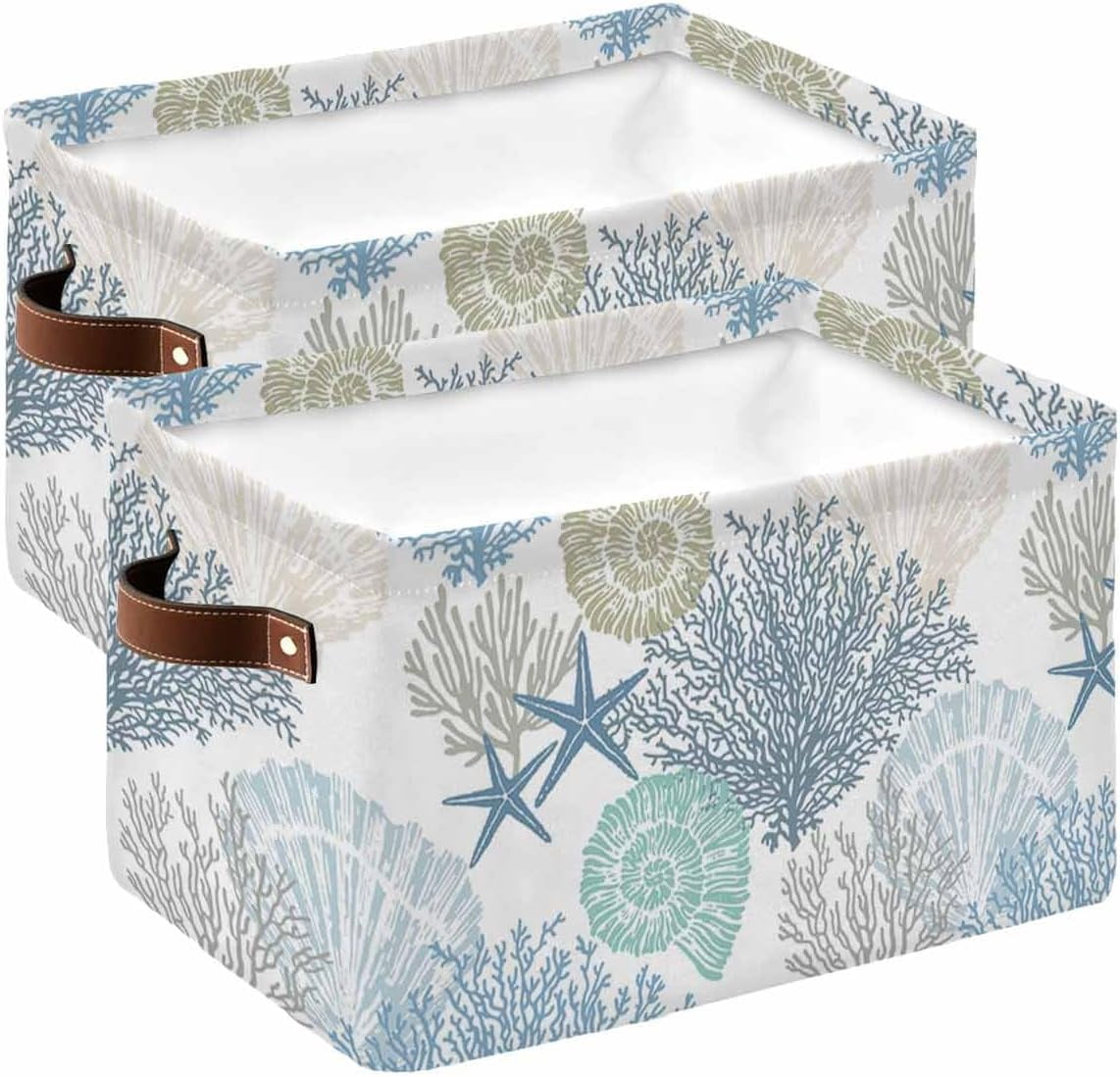 Coral Large Foldable Storage Bins with Handles Seashell Starfish Marine ...