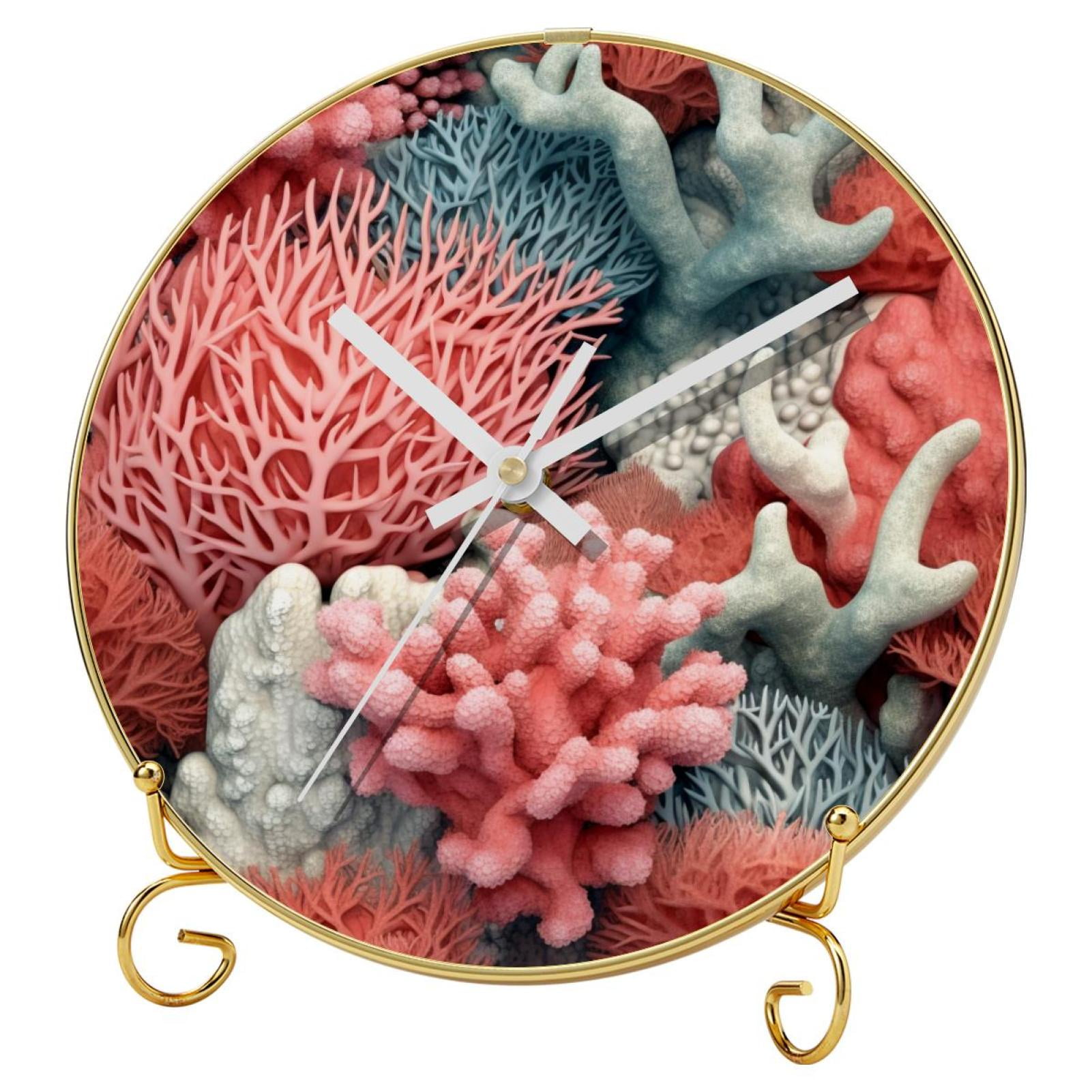 Coral Modern Round Wall Clock with Printed Design, Hooks and Gold Stand ...