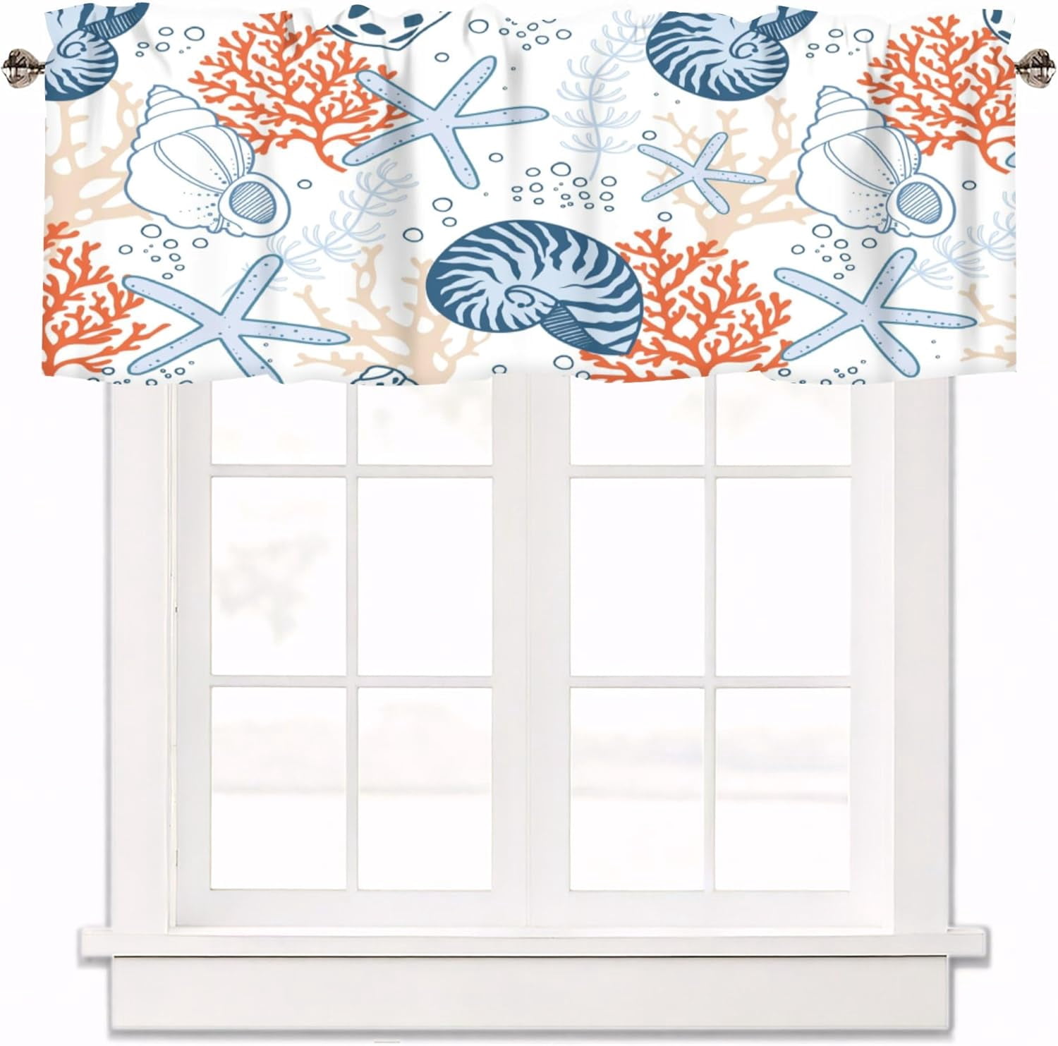 Coral Nautical Starfish Curtain Valance for Windows Rod Pocket Drape ...