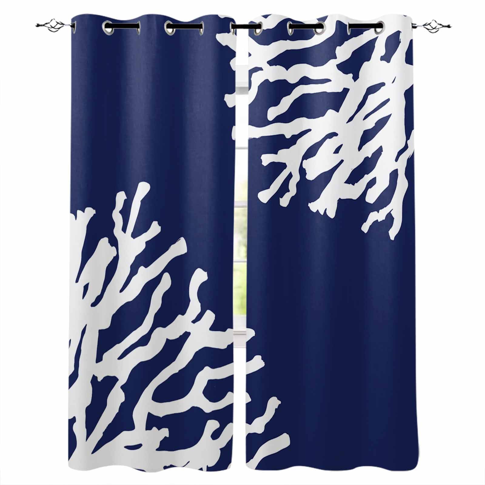 Coral Navy Blue Blackout Curtains 63 Inches Long, Coastal Ocean Marine ...