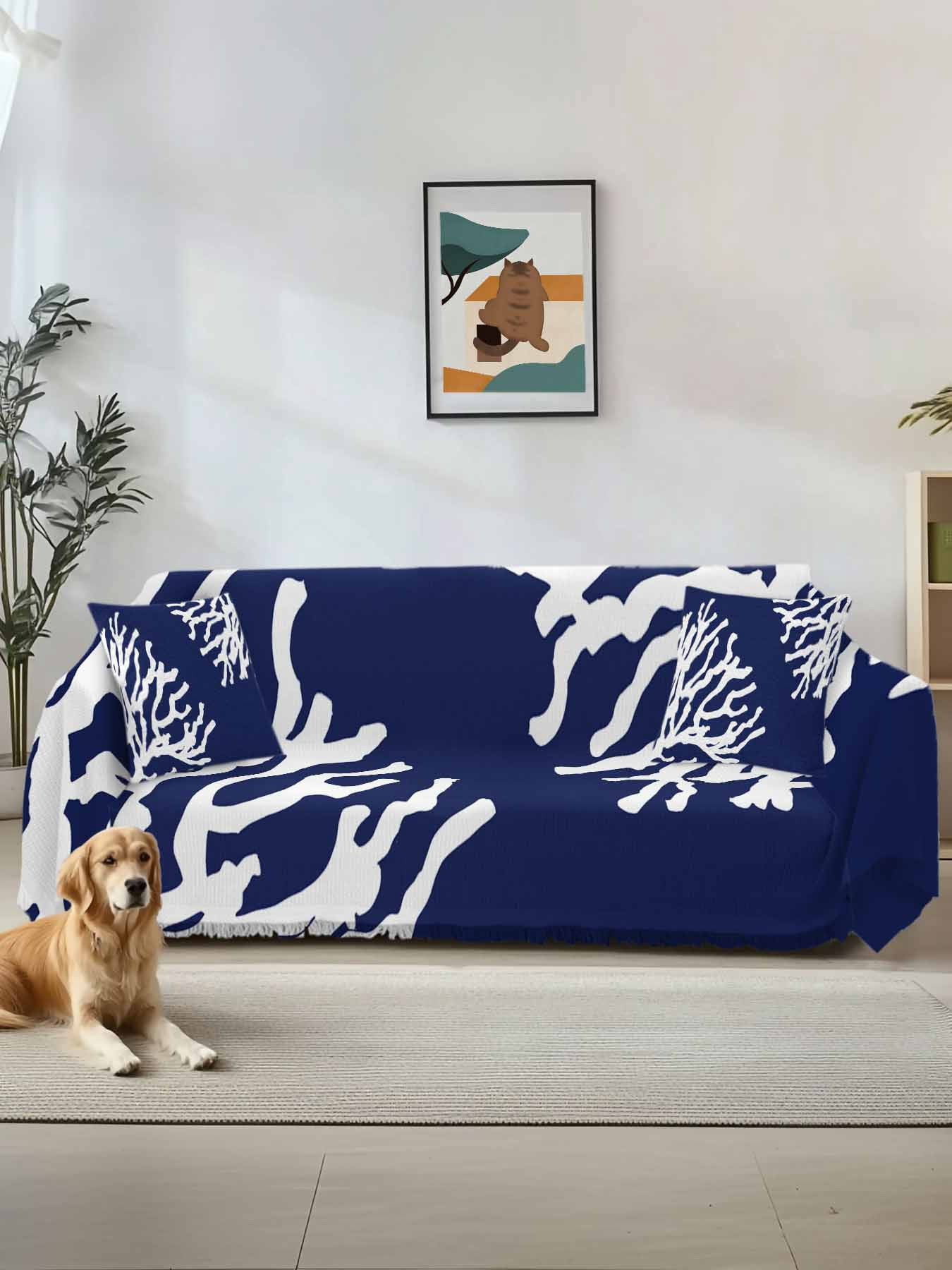 Coral Navy Blue Couch Cover, Coastal Ocean Marine Nautical Beach ...