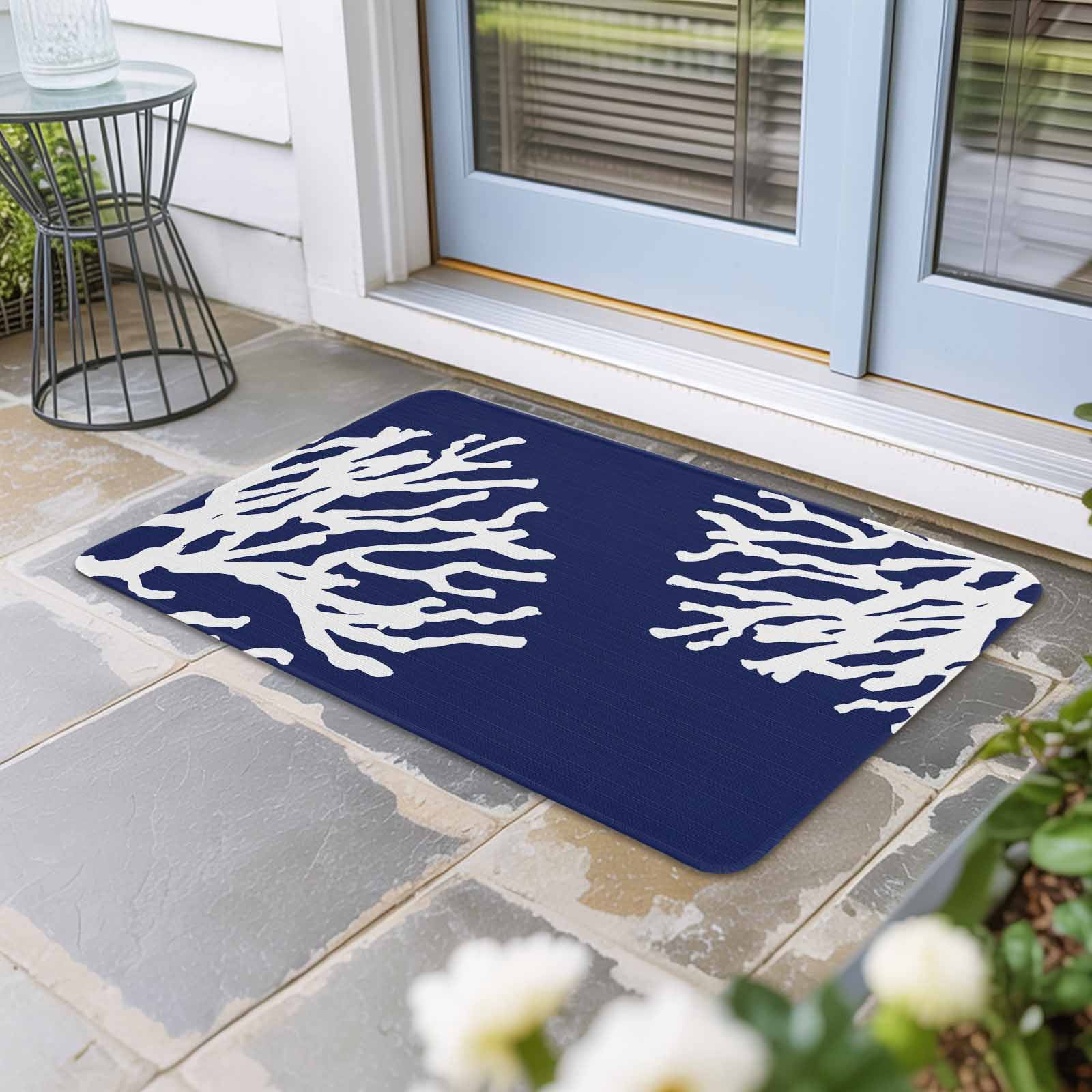 Coral Navy Blue Door Mat Indoor Outdoor, Coastal Ocean Marine Nautical ...