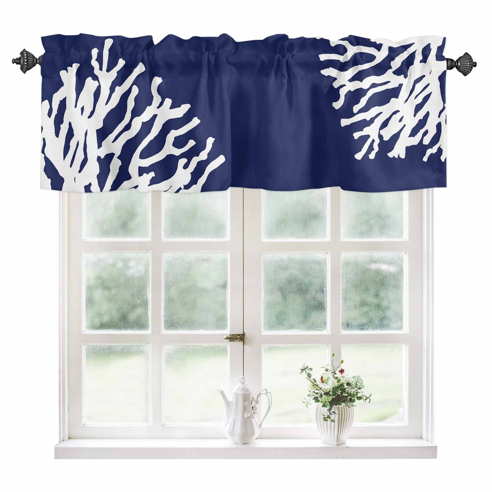 Coral Navy Blue Kitchen Valances for Windows 42x12 Inch Kitchen ...