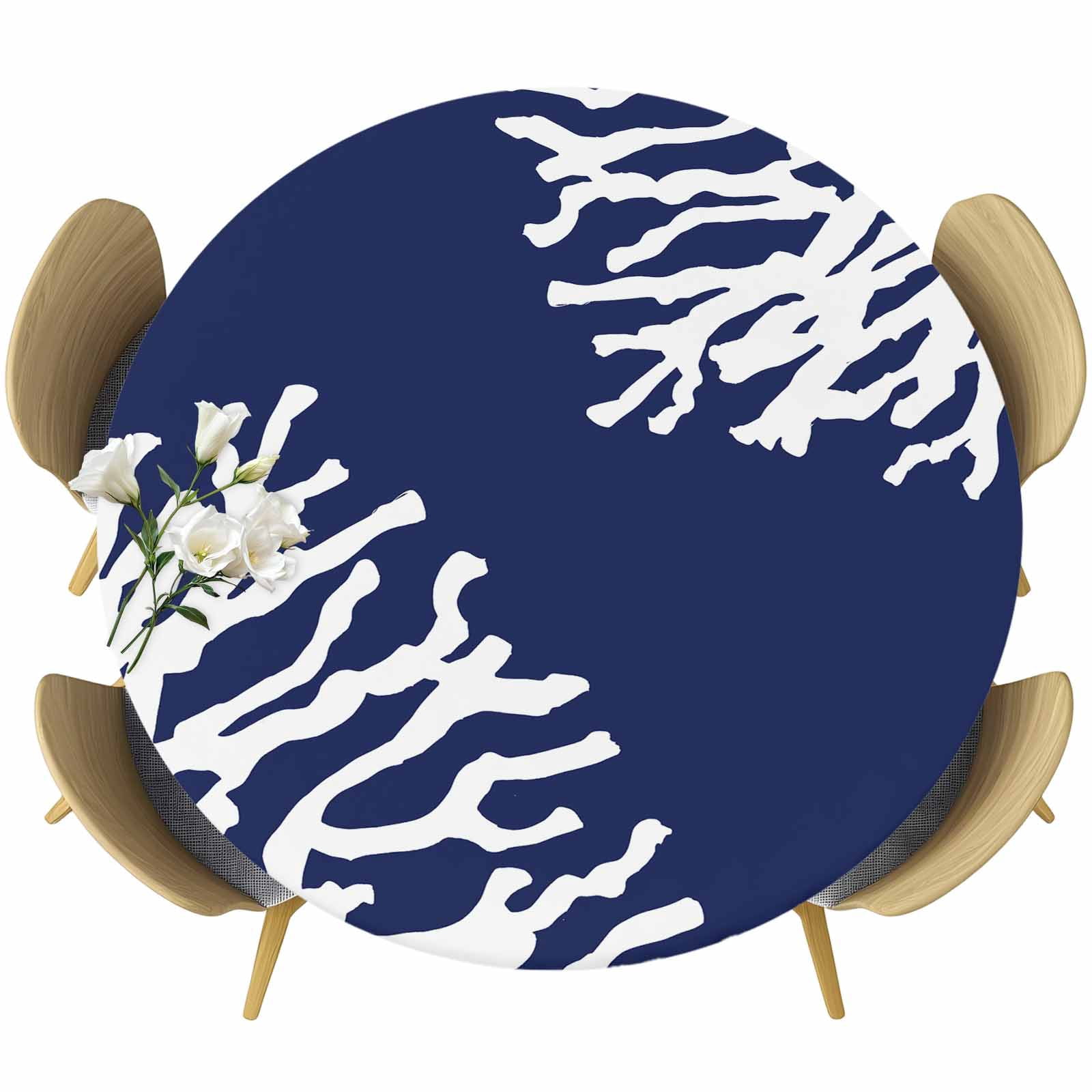 Coral Navy Blue Round Tablecloth, Fitted Table Cover with Elastic for ...