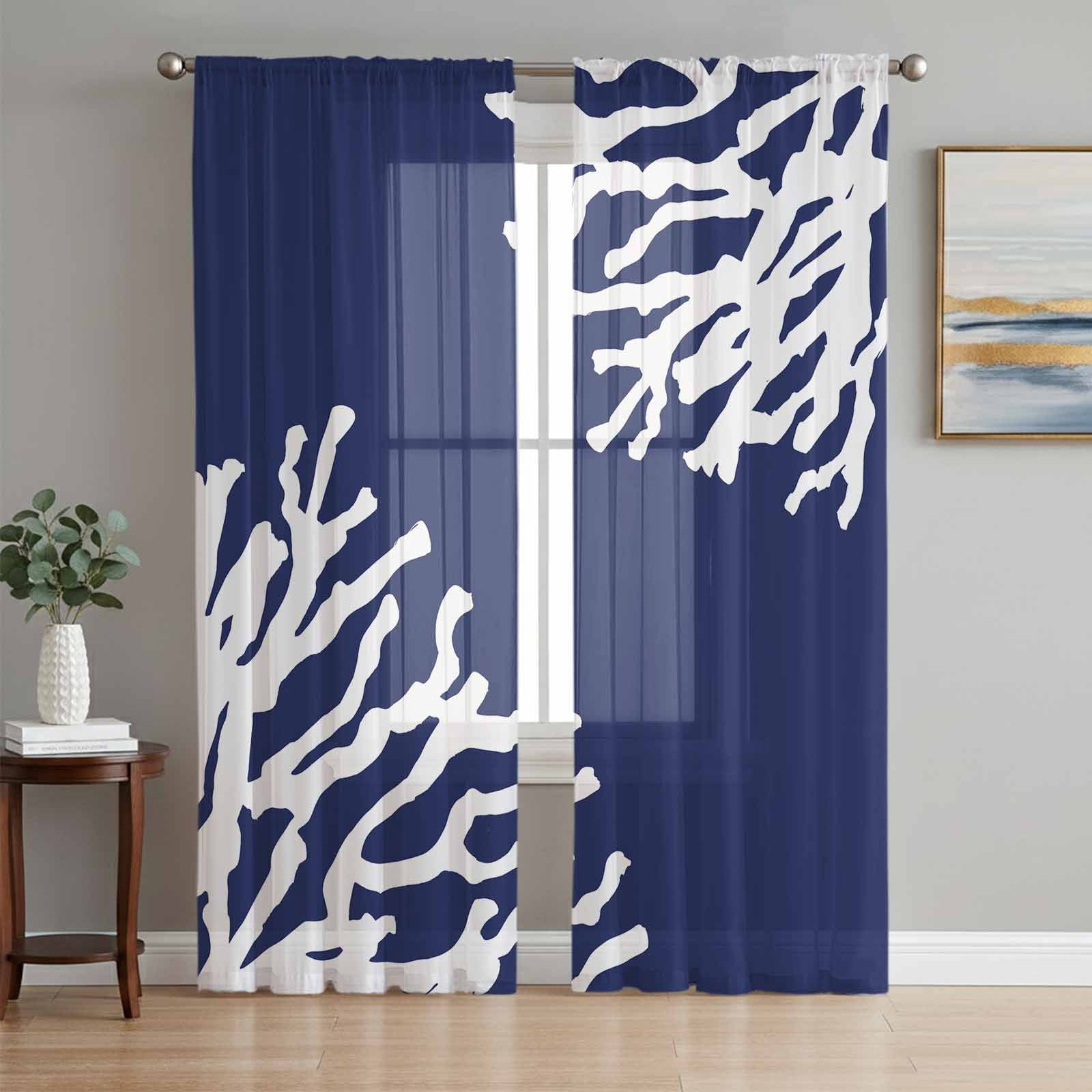 Coral Navy Blue Sheer Curtains 63 Inch Length 2 Panels Set, Coastal ...