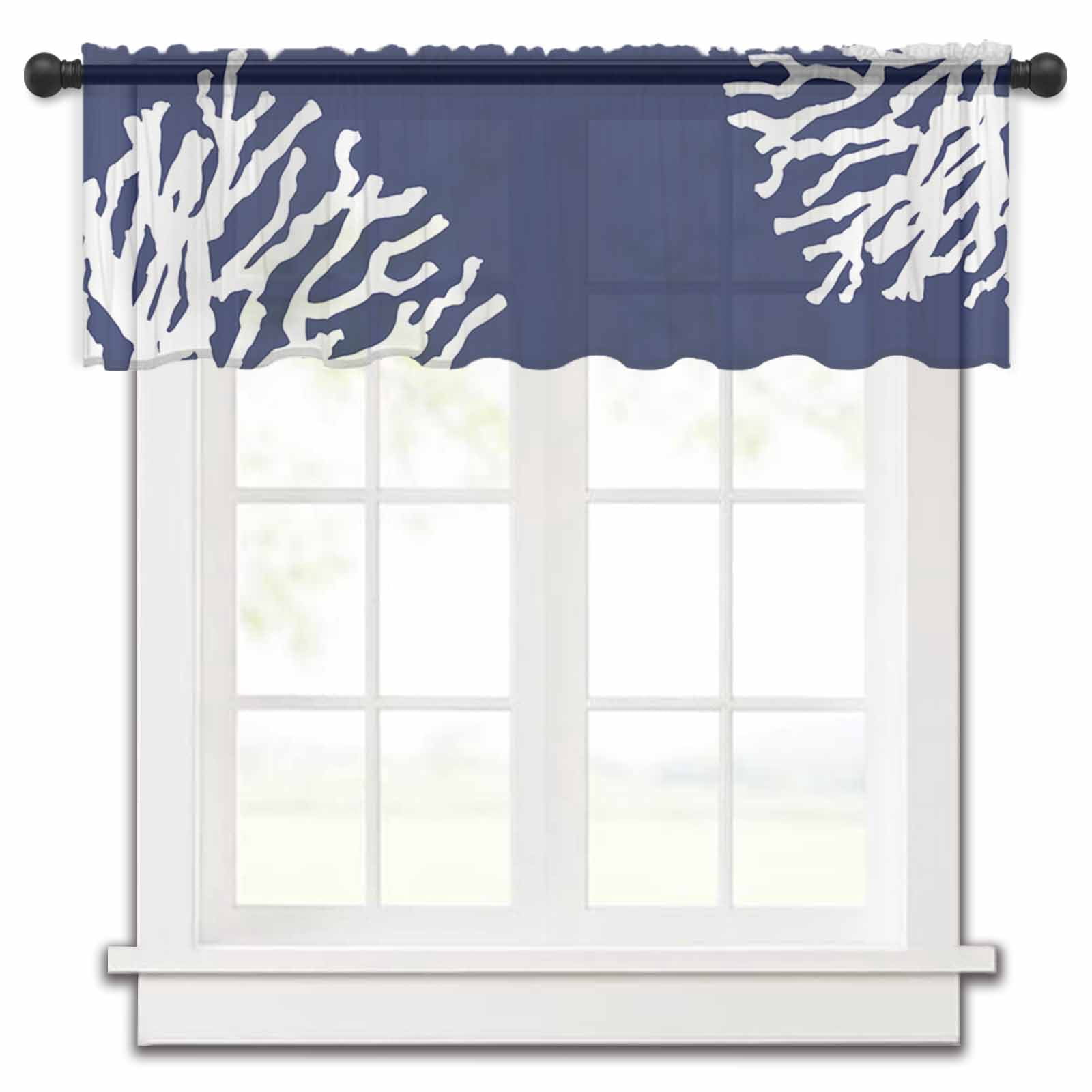 Coral Navy Blue Sheer Valance Curtains for Kitchen/Living Room/Bathroom ...