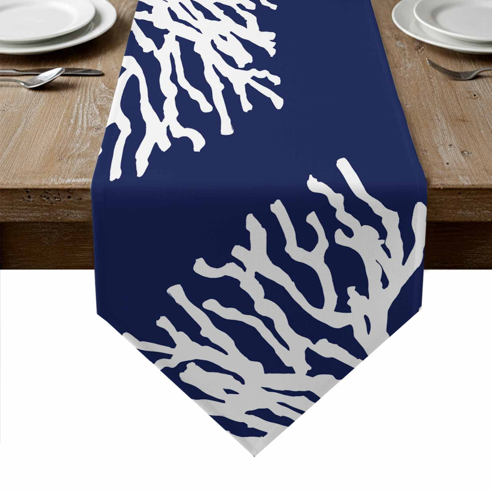 Coral Navy Blue Table Runner Linen Burlap Table Runner 60 Inches Long ...