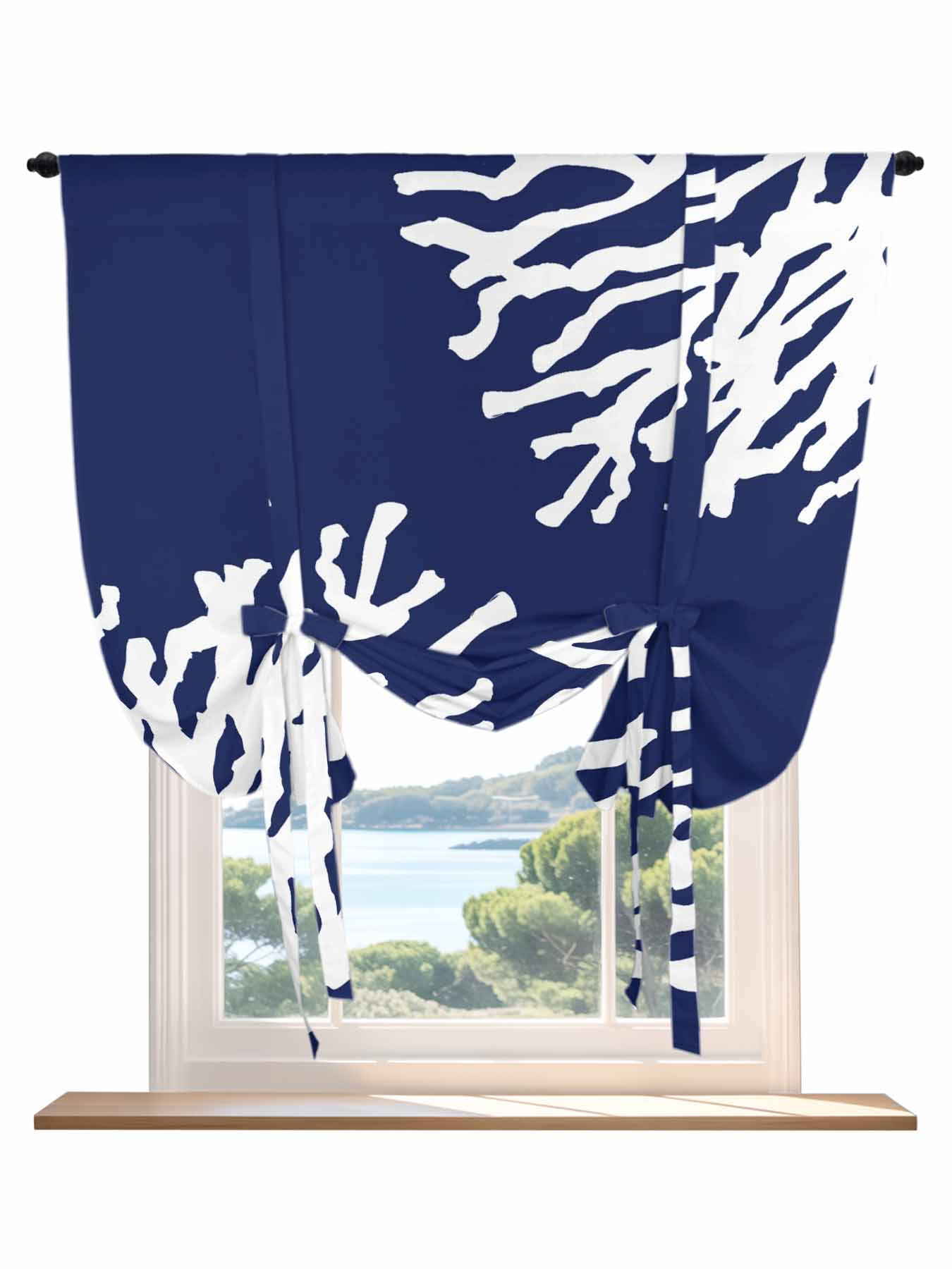 Coral Navy Blue Tie Up Curtains for Windows 45 Inch Length Balloon ...