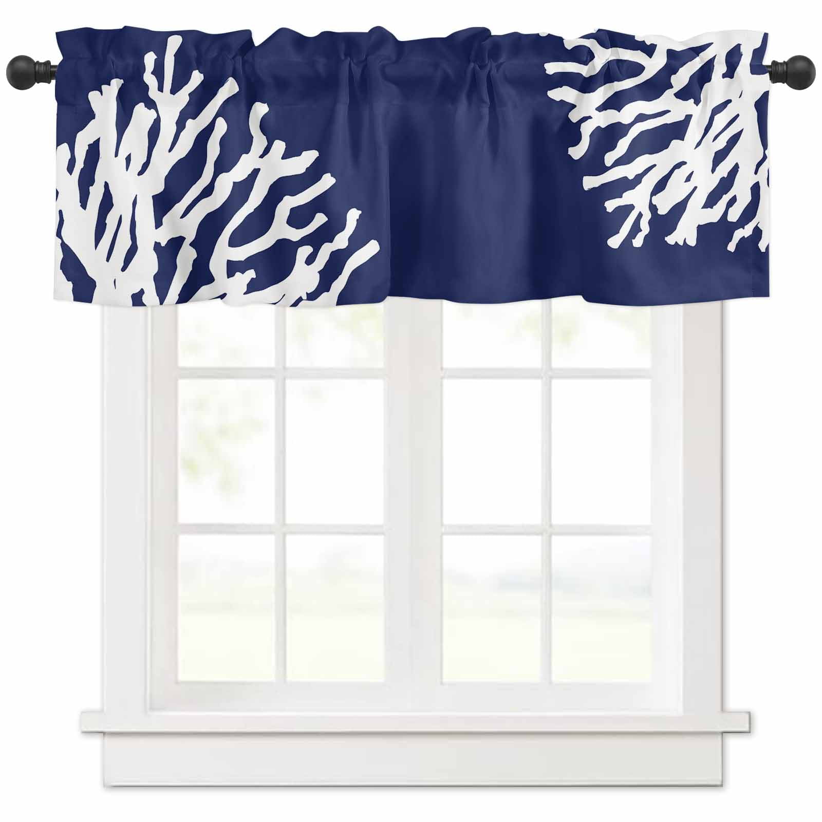 Coral Navy Blue Valances for Windows Farmhouse Kitchen Curtains ...