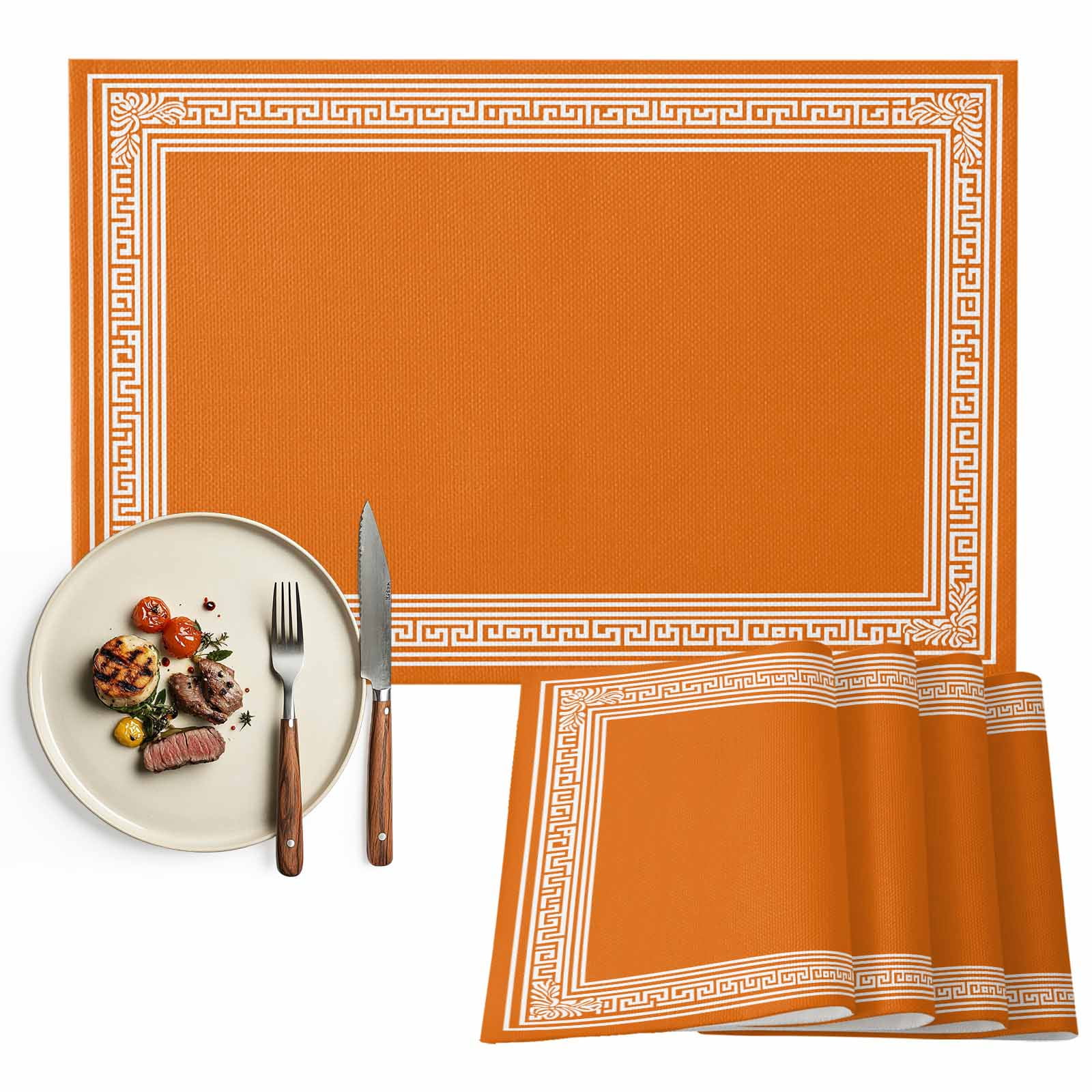Coral Orange Greek Key Pattern Placemats Set of 6, Geometric Modern ...