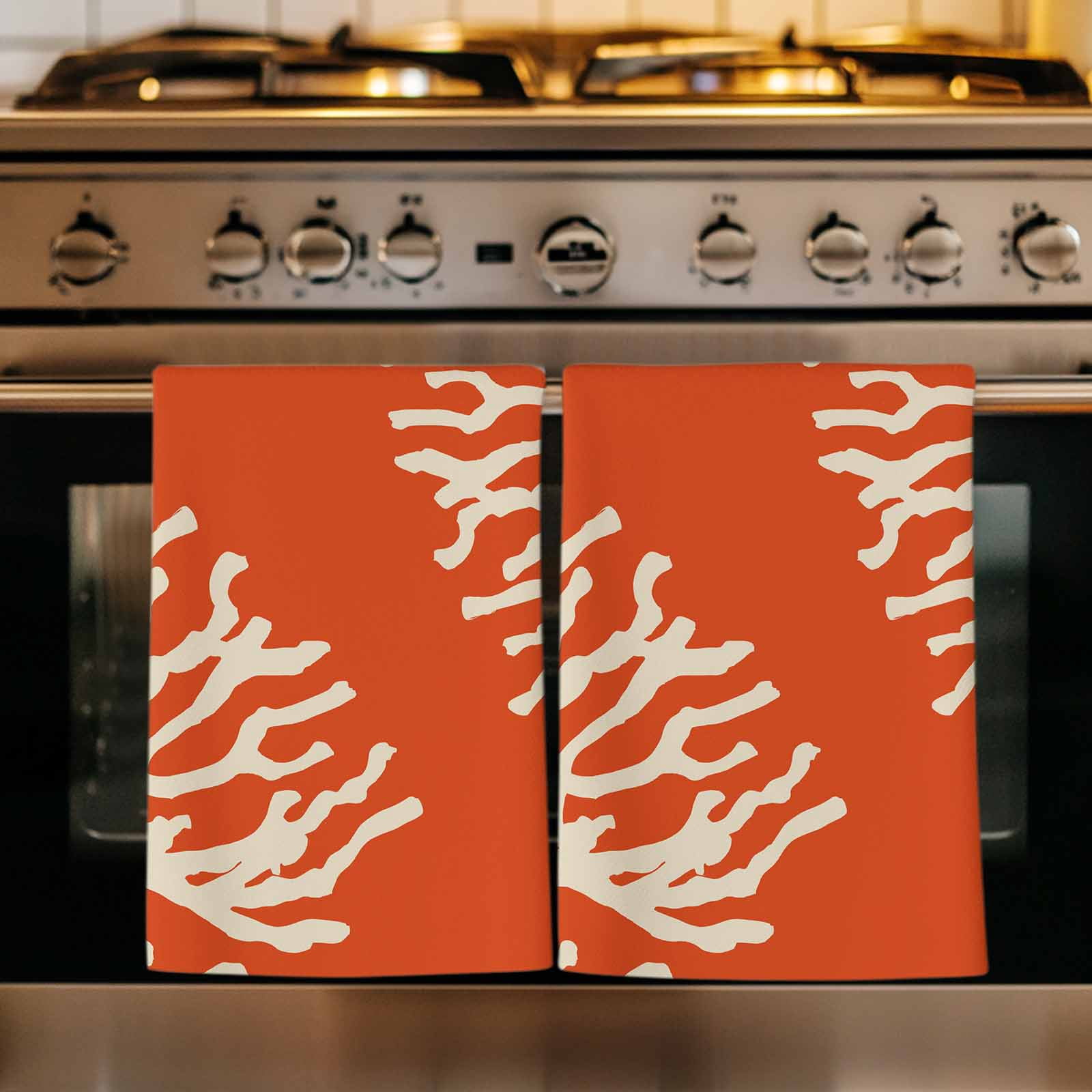Coral Orange Kitchen Towels Set of 3, Coastal White Ocean Marine ...