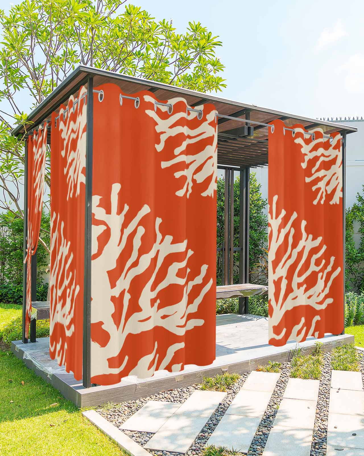 Coral Orange Outdoor Curtains for Patio Waterproof,Coastal White Ocean ...