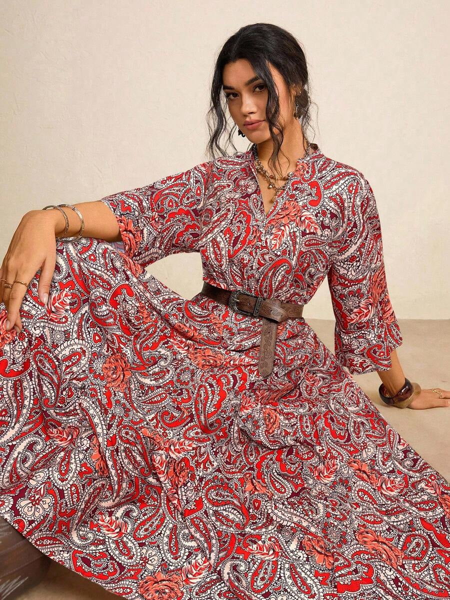 Coral Orange Paisley Print V-Neck Long Sleeve Maxi Dress With Belted ...