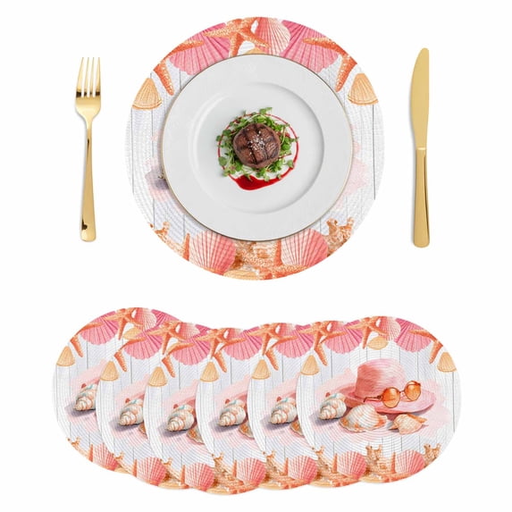 Coral Orange Red Round Placemats Set of 6 Coastal Ocean Starfish Shell ...