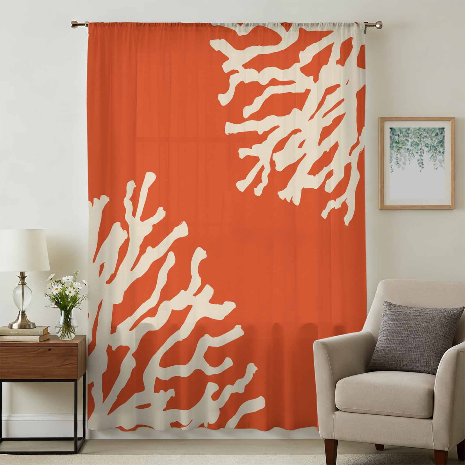 Coral Orange Sheer Curtains 63 Inches Long, Coastal White Ocean Marine ...
