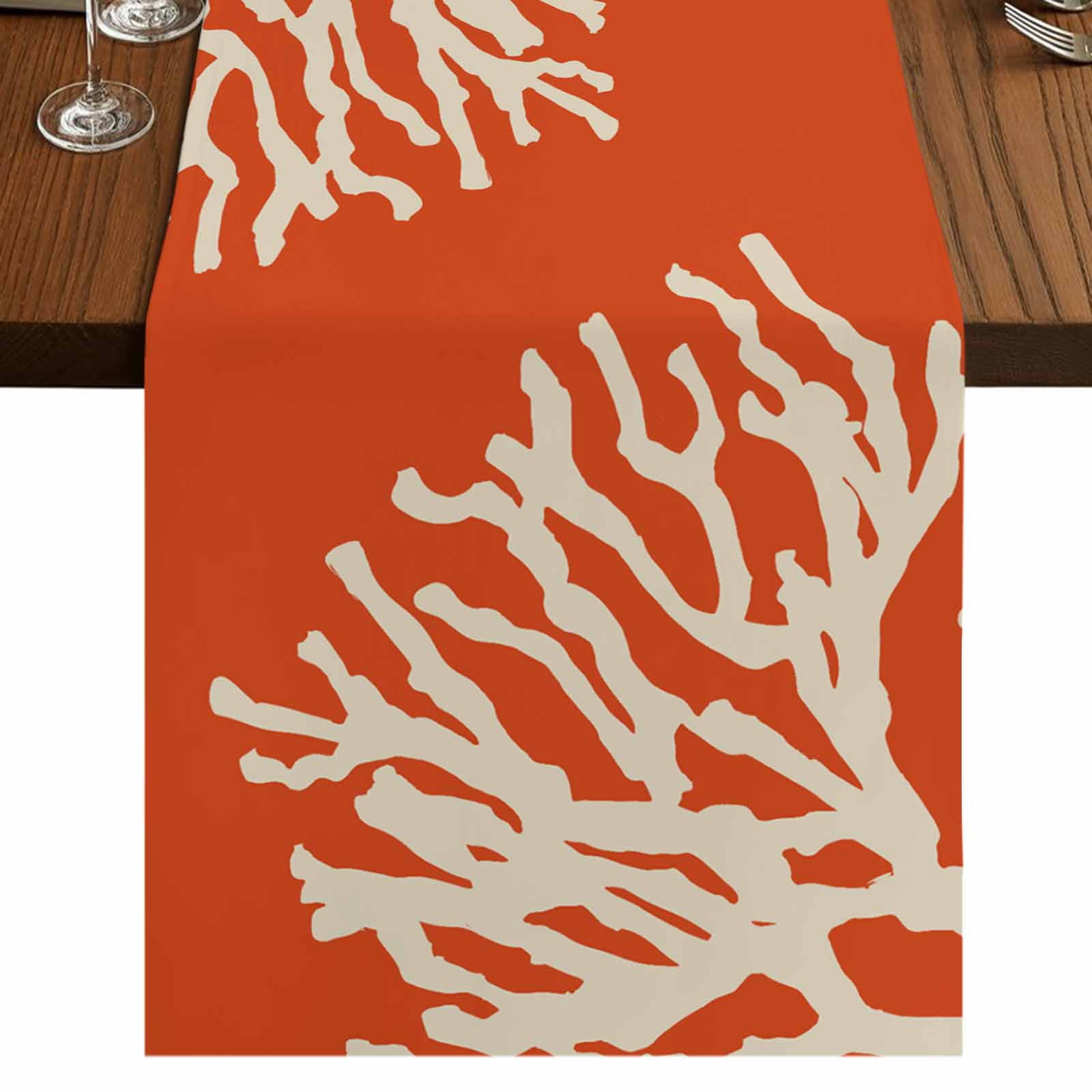 Coral Orange Short Table Runner 48 Inches Long,Coastal White Ocean ...