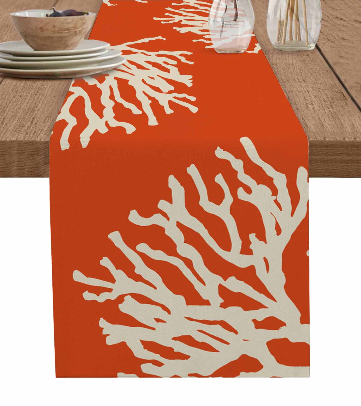 Coral Orange Table Runner Coastal White Ocean Marine Nautical Beach ...