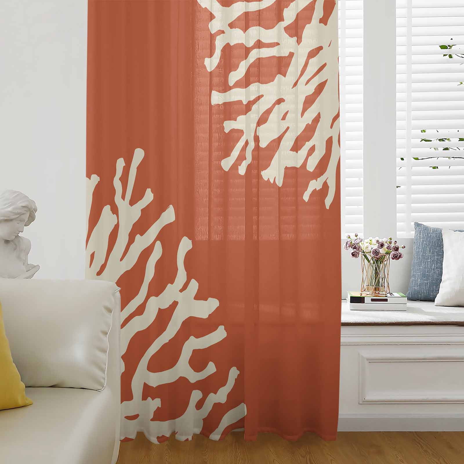 Coral Orange Window Curtain 96 Inches Long,Coastal White Ocean Marine ...