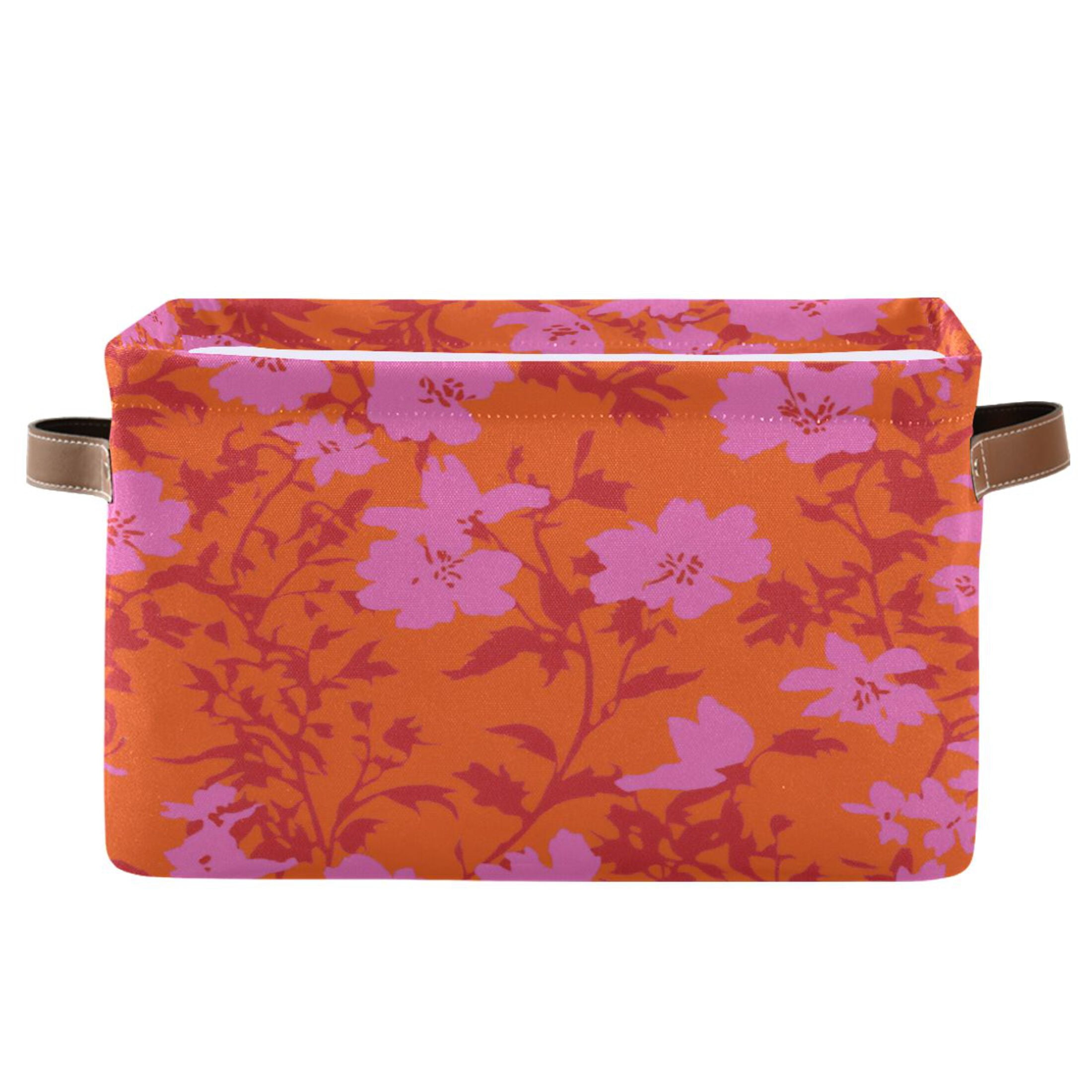 Coral Pink Floral Pattern Foldable Storage Basket,Canvas Fabric ...