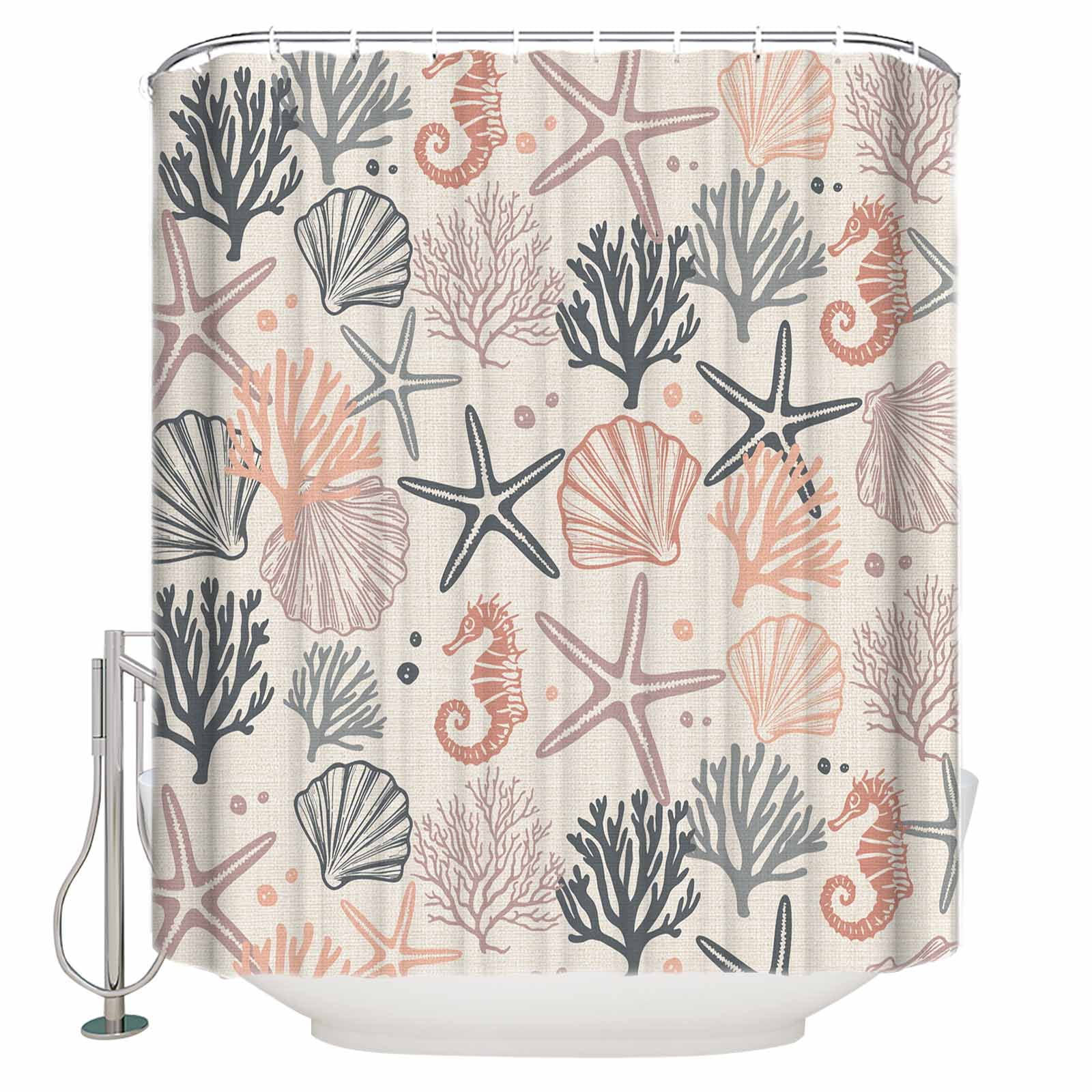 Coral Pink Grey Coastal Bathroom Shower Curtains with 12 Hooks ...