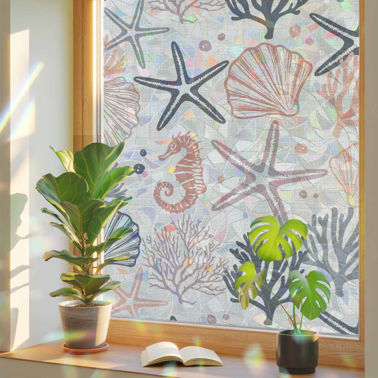 Coral Pink Grey Coastal Privacy Window Film,Decorative Stained Glass ...