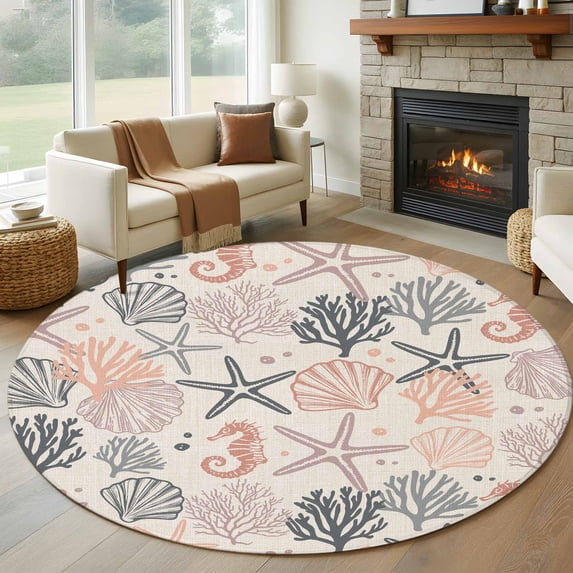 Coral Pink Grey Coastal Round Area Rug 5 FT,Non Slip Bedroom Rugs ...